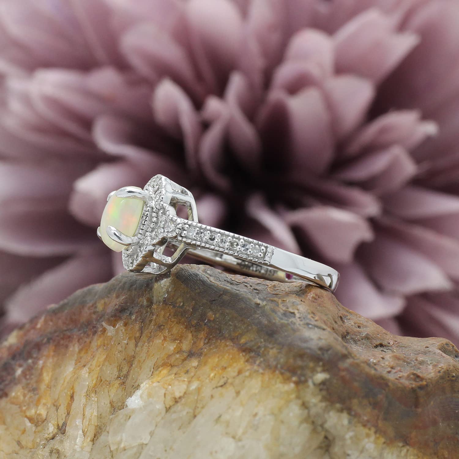 Gemvio Collection 3/4 CT 7X5MM Oval Cut Natural White Opal Gemstone With Diamond Frame Vintage-Style Ring In 14K Solid White Gold Engagement Wedding Ring (0.75Cttw)-8
