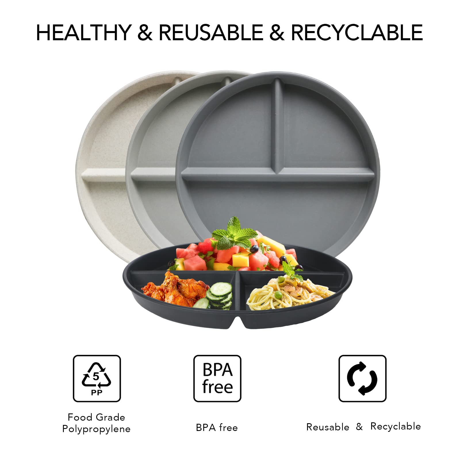 greenandlife 9 Inch (4PCS) Unbreakable Divided Plates for Kids Adults, Dishwasher & Microwave Safe Compartment Plates, Lightweight Reusable Plastic Portion Control Plates, BPA Free and Healthy