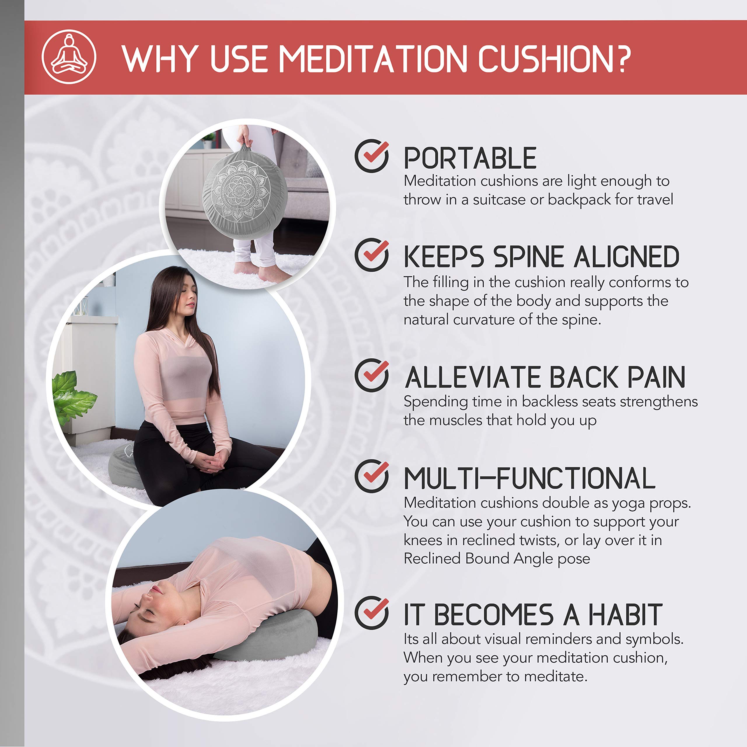 Florensi Yoga & Meditation Bundle | Grey Meditation Cushion & Yoga Wheel 3 Pack