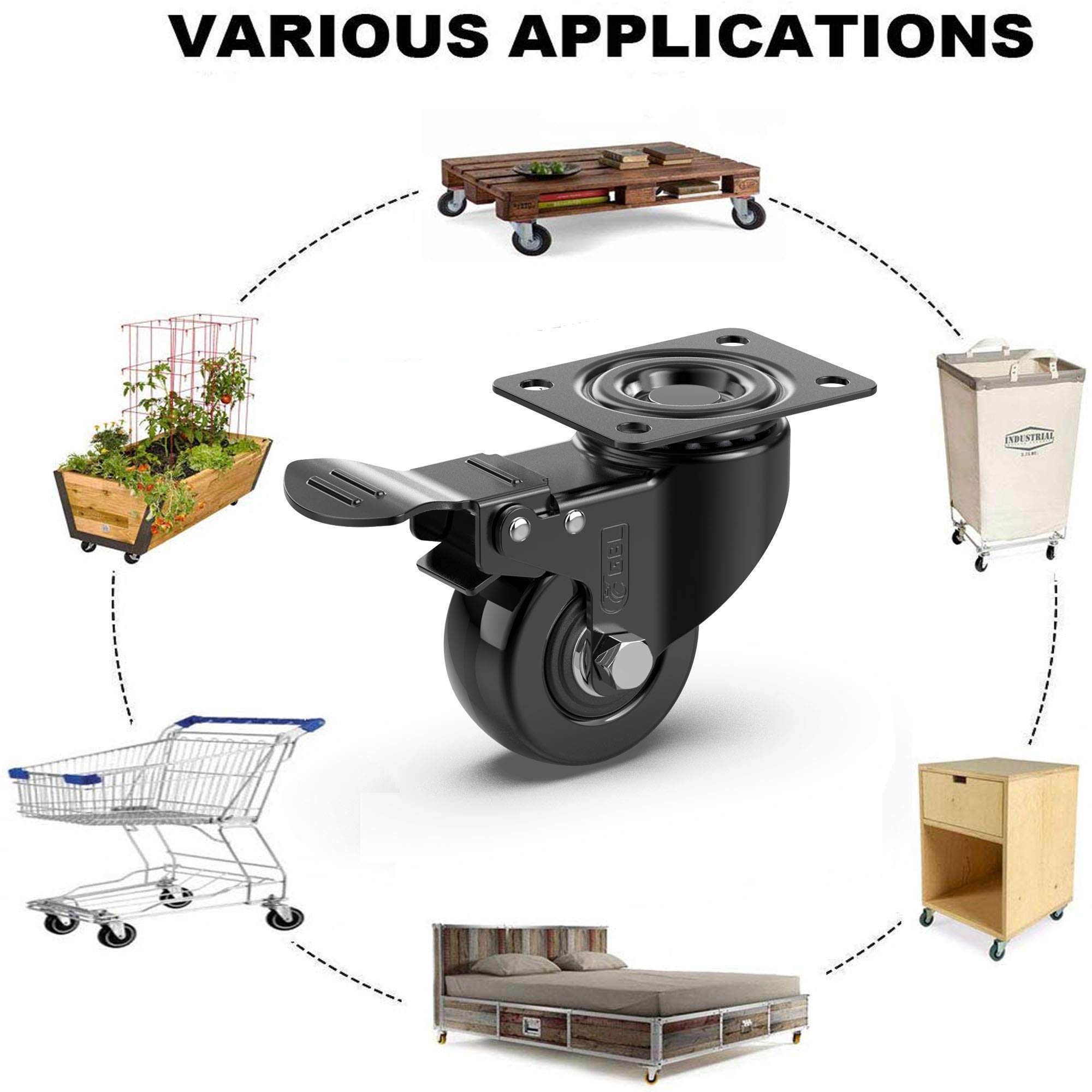 GBL 2" Heavy Duty Caster Wheels with 2 Brakes + Screws - up to 440Lbs - Set of 4 No Floor Marks Silent Castor for Furniture - Rubbered Trolley Wheels - Black Casters