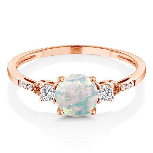 Gem Stone King 10K Rose Gold 6MM Round Gemstone Birthstone White Created Sapphire and White Diamond Accent 3-Stone Engagement Ring | Three-Stone Wedding Anniversary Promise Ring For Women