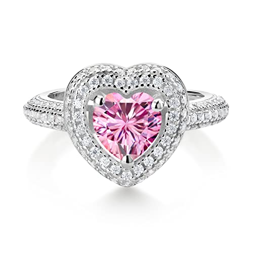 Gem Stone King 925 Sterling Silver Pink and White Moissanite Ring For Women (1.69 Cttw, Heart Shape 6.5MM, Available In Size 5, 6, 7, 8, 9)