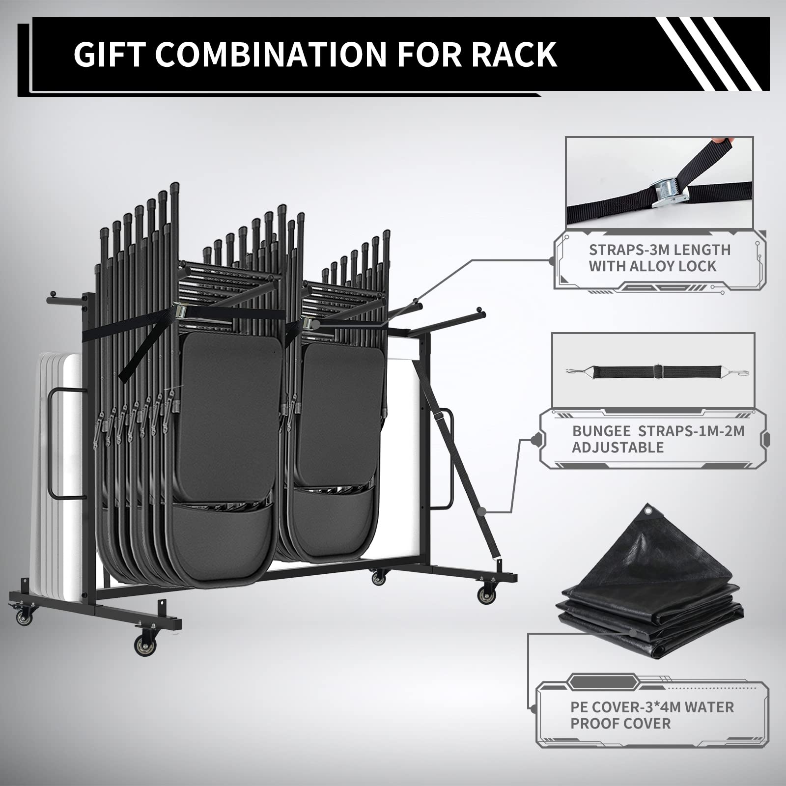 Folding Table and Chair Cart, Folding Chair and Table Storage Rack with 400LBS Capacity for 42 Folding Chairs Heavy Metal Folding Chair Dolly Holder Rack with Rubber Locking Wheels,Straps and Cover