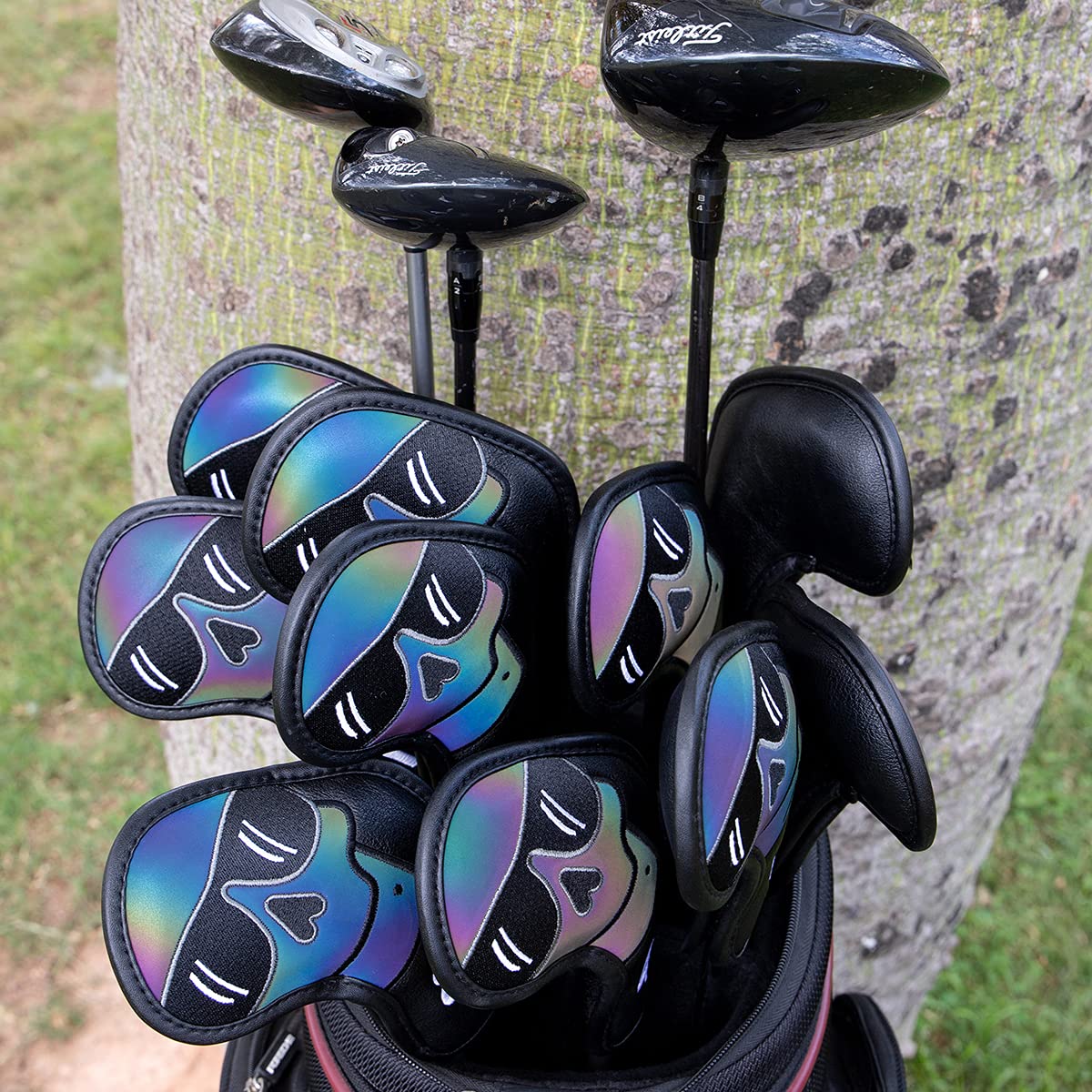 Golf Iron Covers 10pcs,Golf Iron Head Covers Leather Golf Iron Covers Set Skeleton Golf Iron Headcovers,Long Neck Golf Club Head Covers for Iron with Magic Tape Fit All Brands