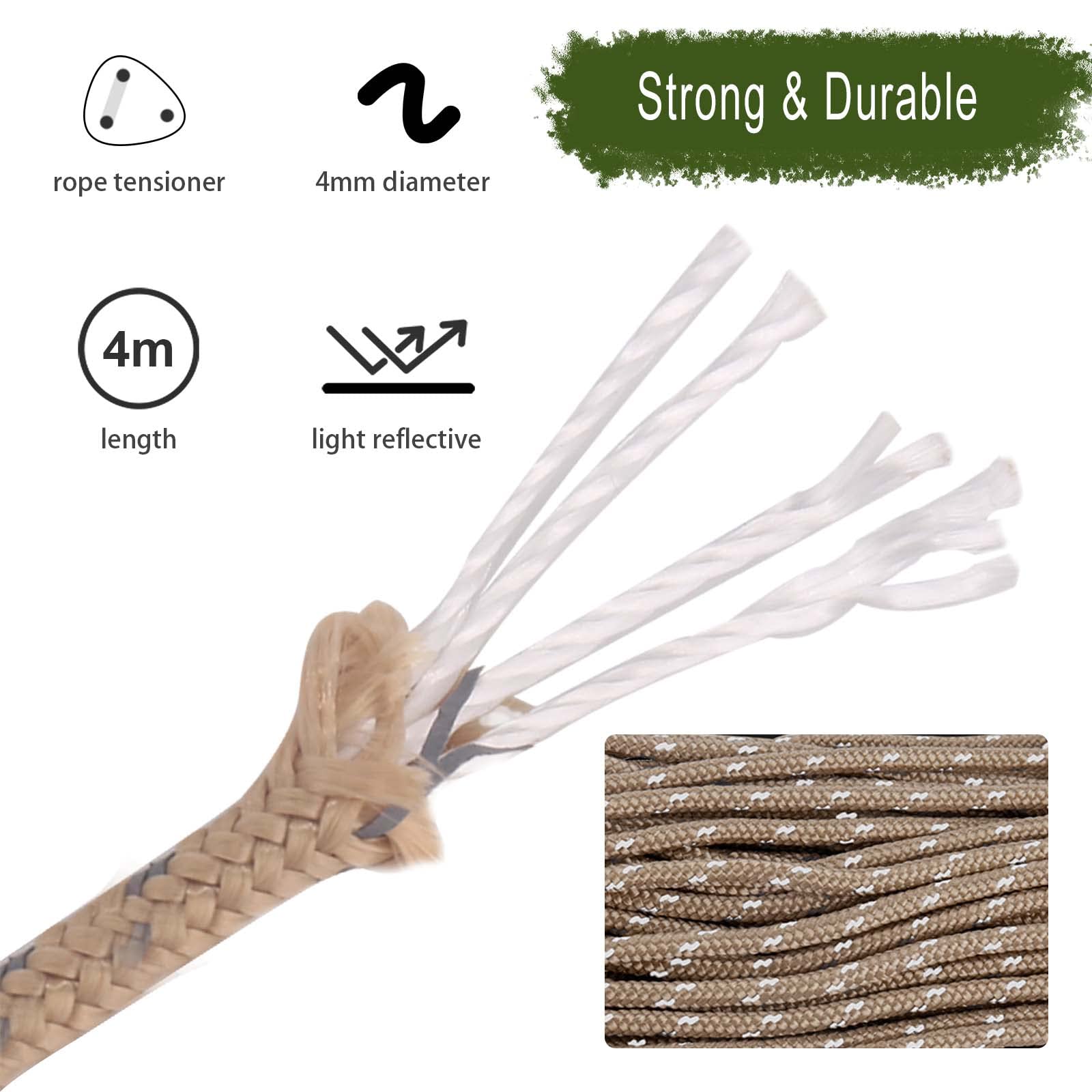 Hikeman 4 Pack Camping Rope with Locking Carabiner Clip,4mm Reflective Guy Lines with Triangular Guyline Adjuster Tensioner,Nylon Cord for Tent Tarp Tie Down,Hiking,Backpacking (Khaki)