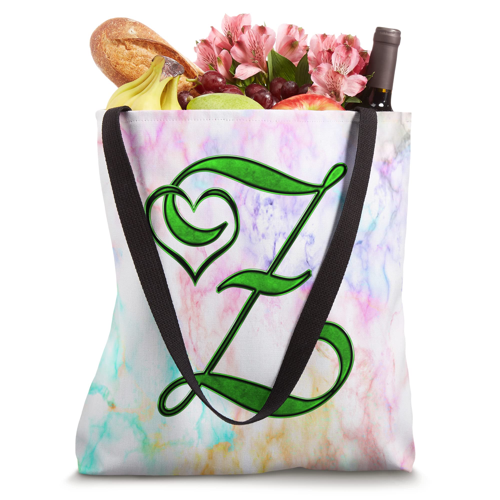 Green Heart Letter Z Vein Rainbow Paint Tie Dye Initial Name Tote Bag