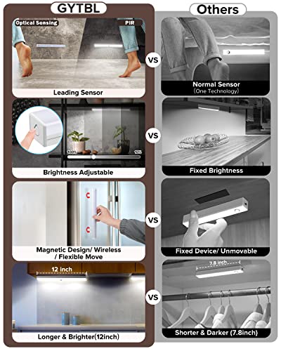 GYTBL Under Cabinet Lighting Wireless 12inch Motion Sensor Light Indoor Closet Lights Motion Sensored Magnetic Closet Light Rechargeable Under Counter Lights for Kitchen Cupboard Wardrobe Stair-4 Pack