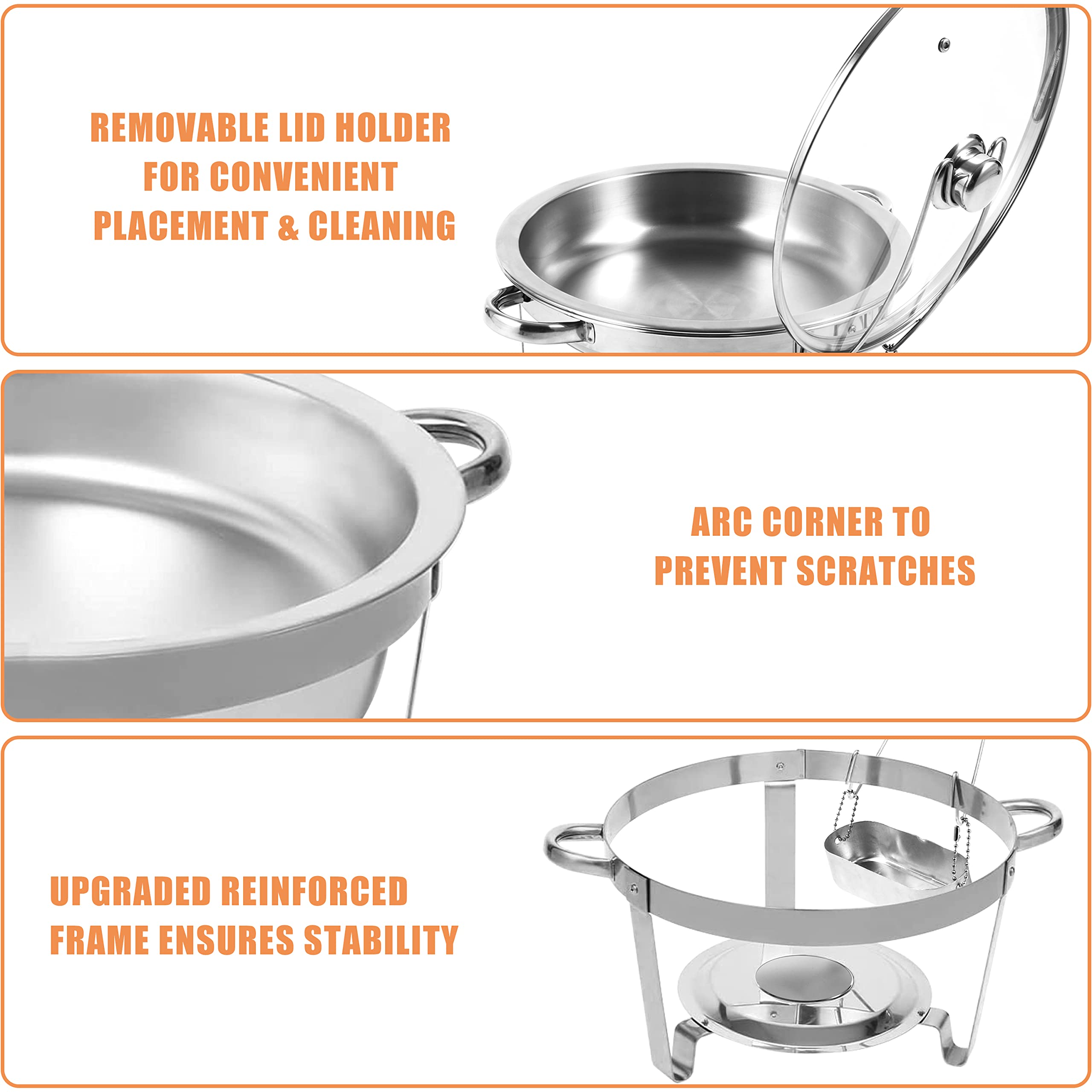 HORESTKIT Large 8QT Chafing Dish Buffet Set Stainless Steel Round Chafers and Buffet Warmers Set with Glass Viewing Lid and Big Lid Hook, Foldable Complete Food Warmer Set