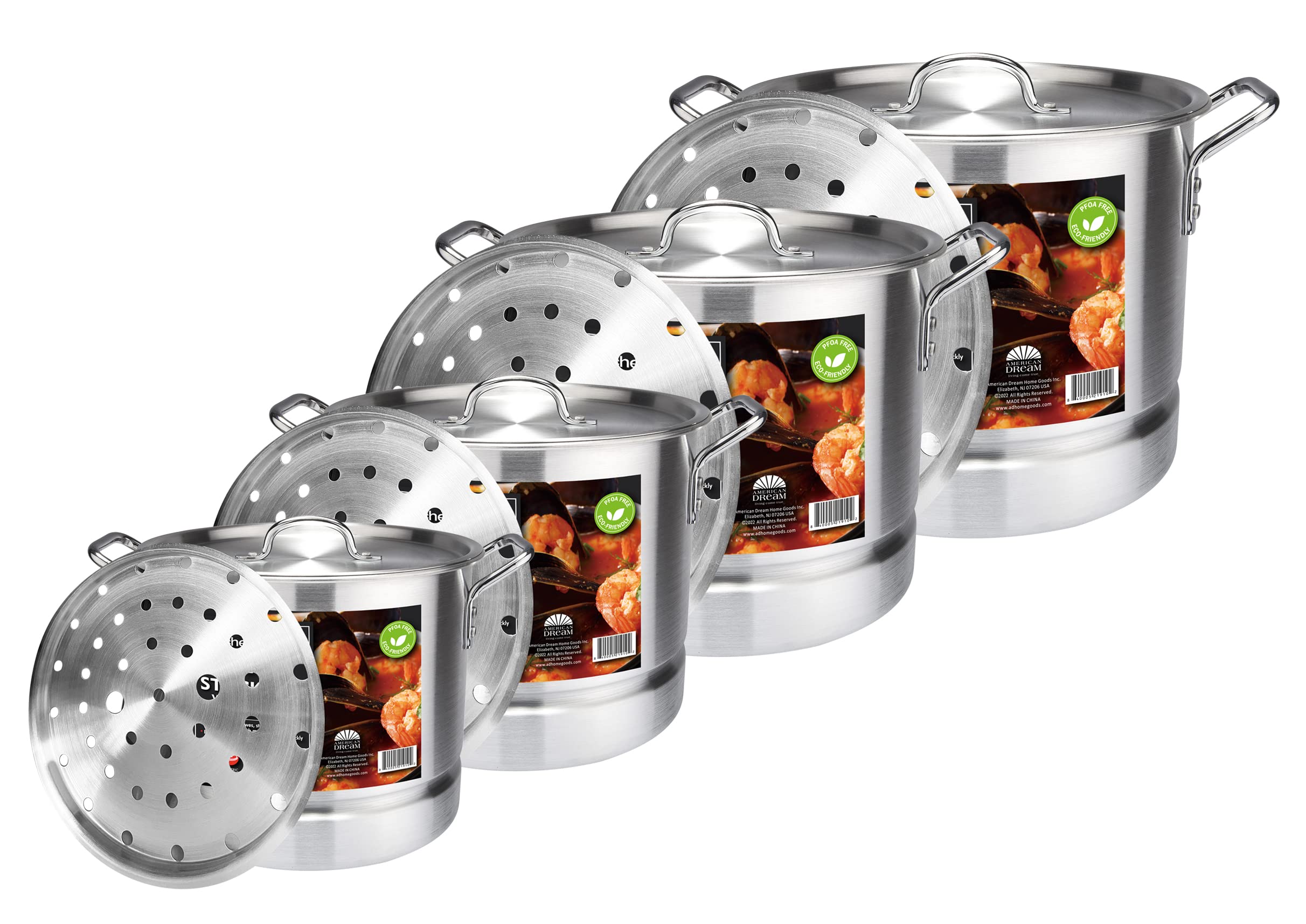 Kitchen Sense Aluminum Stock Pot with Steamer 4 piece Set of 8 quart (2 gallon), 12 quart (4 gallon), 16 quart (4 gallon), and 20 quart (5 gallon).
