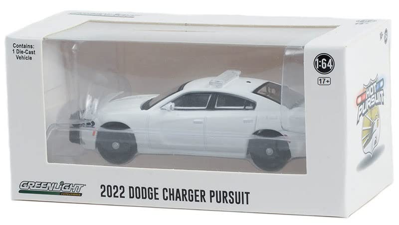 Greenlight 43002-L Hot Pursuit - 2022 Dodge Charger Pursuit Police Cruiser- White with Light Bar & Push Bar 1:64 Scale Diecast