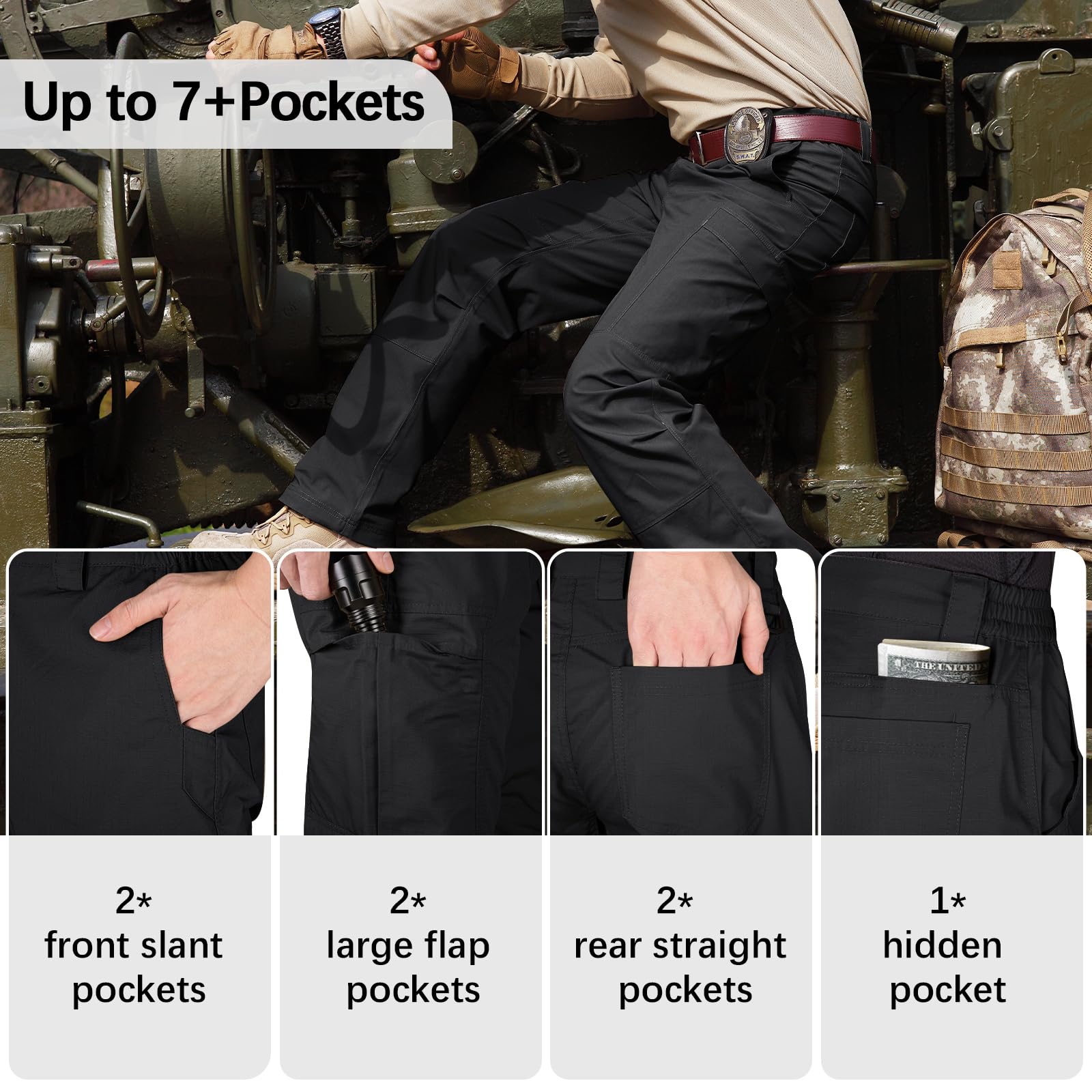 FREE SOLDIER Men's Water Resistant Pants Relaxed Fit Tactical Combat Army Cargo Work Pants with Multi Pocket (Classic Black 36W x 32L)