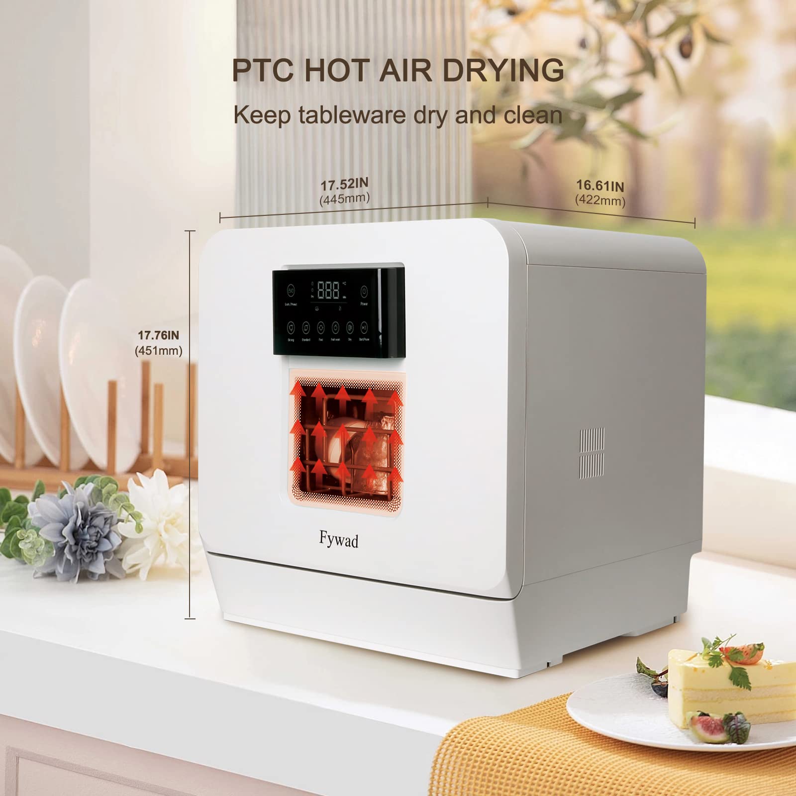 Fywad countertop dishwasher, portable dishwasher no hookup. Countertop Dishwasher with Water Tank. With child lock, hot drying, 4 washing programs. 360-degree spraying.