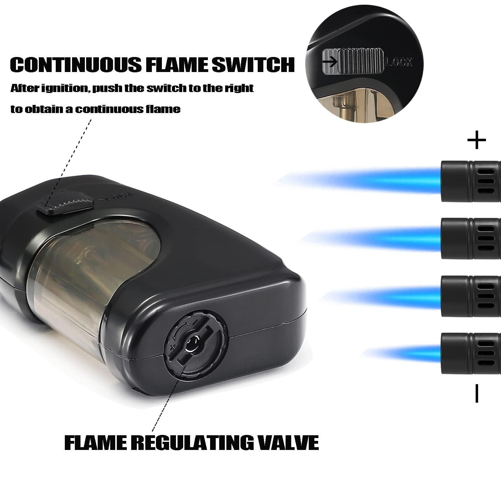 Futlidys Flexible Tube Torch Lighter with Flame Locking Function, Butane Lighter with Transparent Large Fuel Tank, Windproof Camping Lighter. Black(Sold without Gas)