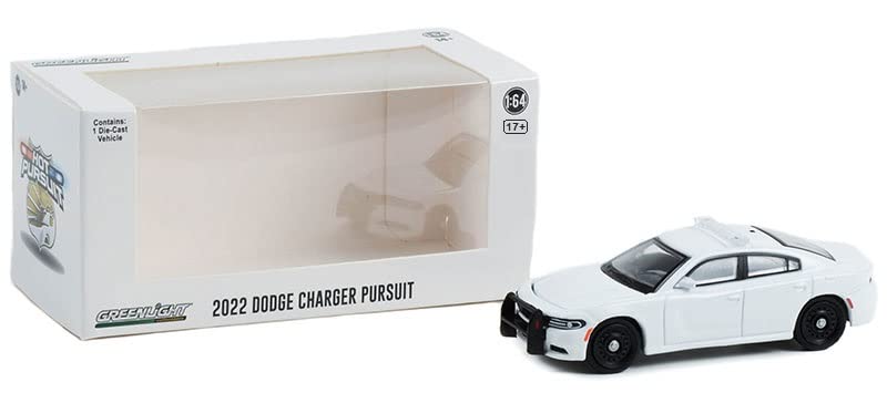 Greenlight 43002-L Hot Pursuit - 2022 Dodge Charger Pursuit Police Cruiser- White with Light Bar & Push Bar 1:64 Scale Diecast