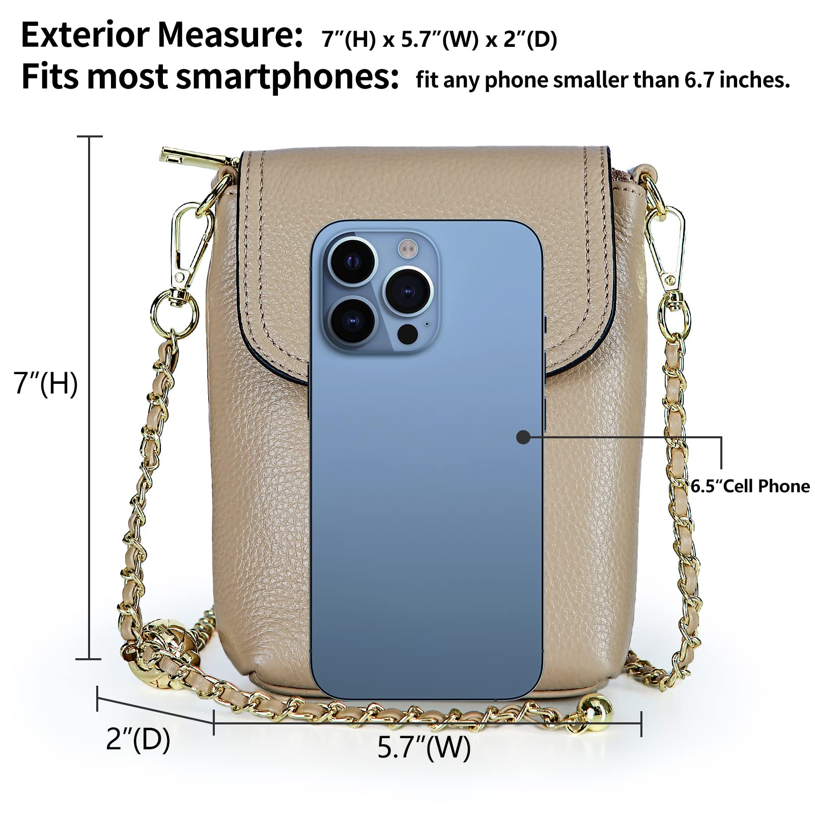 Hippopo Small Crossbody Phone Bag For Women Designer Fashion Soft Pebbled Real Leather Shoulder bag (Khaki)