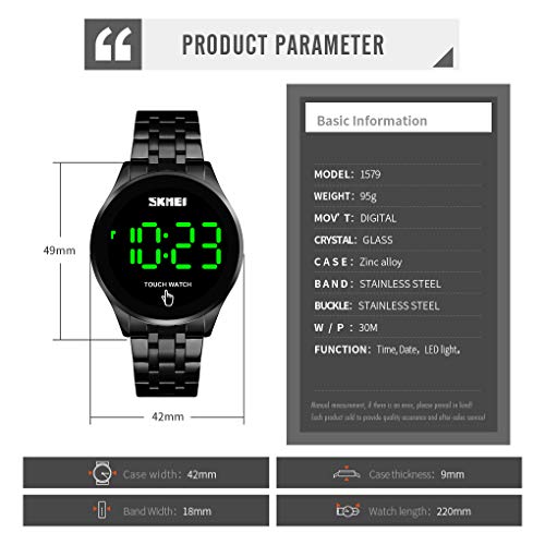 PASOY Touch Screen Digital LED Watch Green Highlight Backlight Stainless Steel WatchBand Waterproof Casual Sport Mens Womens Boys Watch (Gold)