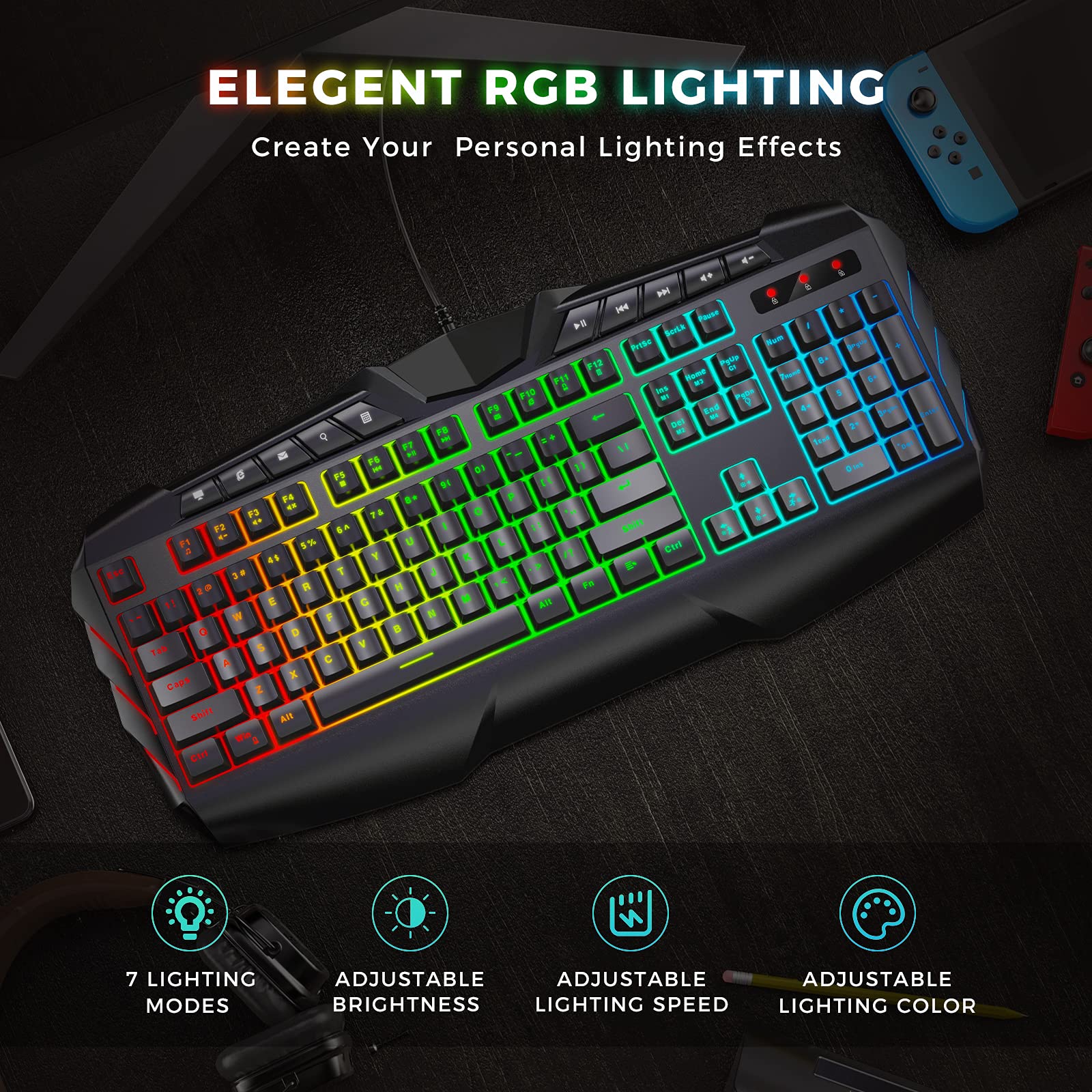 Gizori Gaming Keyboard and Mouse 25 Anti-ghosting Keys RGB Backlit USB Gaming Keyboard with Comfortable Wrist Rest, Wired 6400 DPI Programmable Gaming Mouse for PC | Laptop, Work and Game