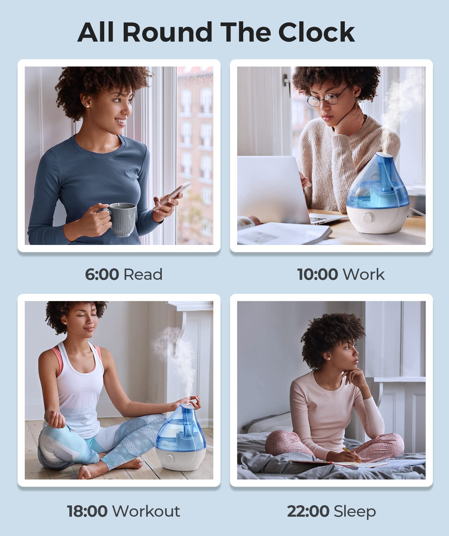 Humidifier for Bedroom, 1.6L Cool Mist Humidifier with Night Light, 22dB Quiet Humidifiers for Large Room, 360° Rotate Nozzle and Adjustable Mist, 24 Hrs Available Cool Mist, Easy to clean, Auto Off
