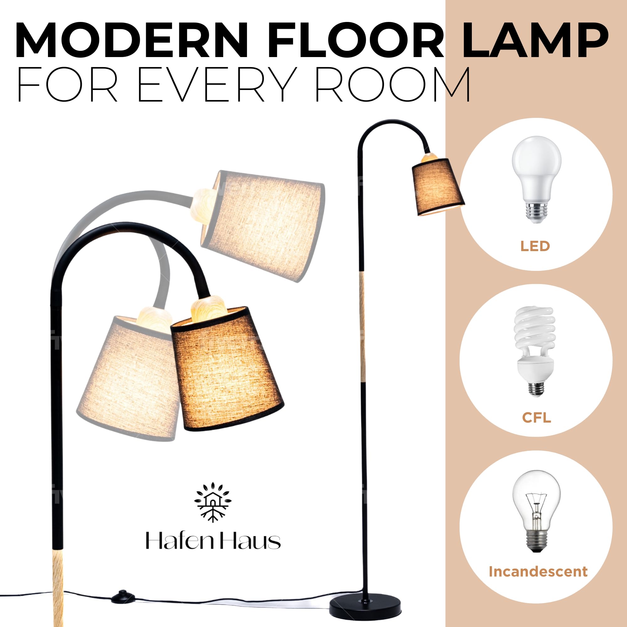Hafen Haus Floor lamp for Living Room - Highly Functional - Perfect Tall Reading Light - Gooseneck Floor Lamp