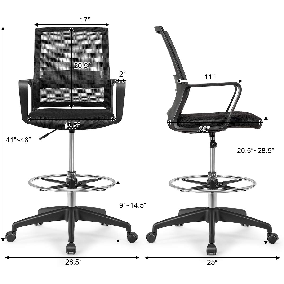 Giantex Mesh Drafting Chair, Tall Office Chair with Adjustable Foot Ring for Standing Desk, Swivel Mid Back Mesh Computer Chair w/Lumbar Support, Adjustable Height, Sturdy Home Office Furniture