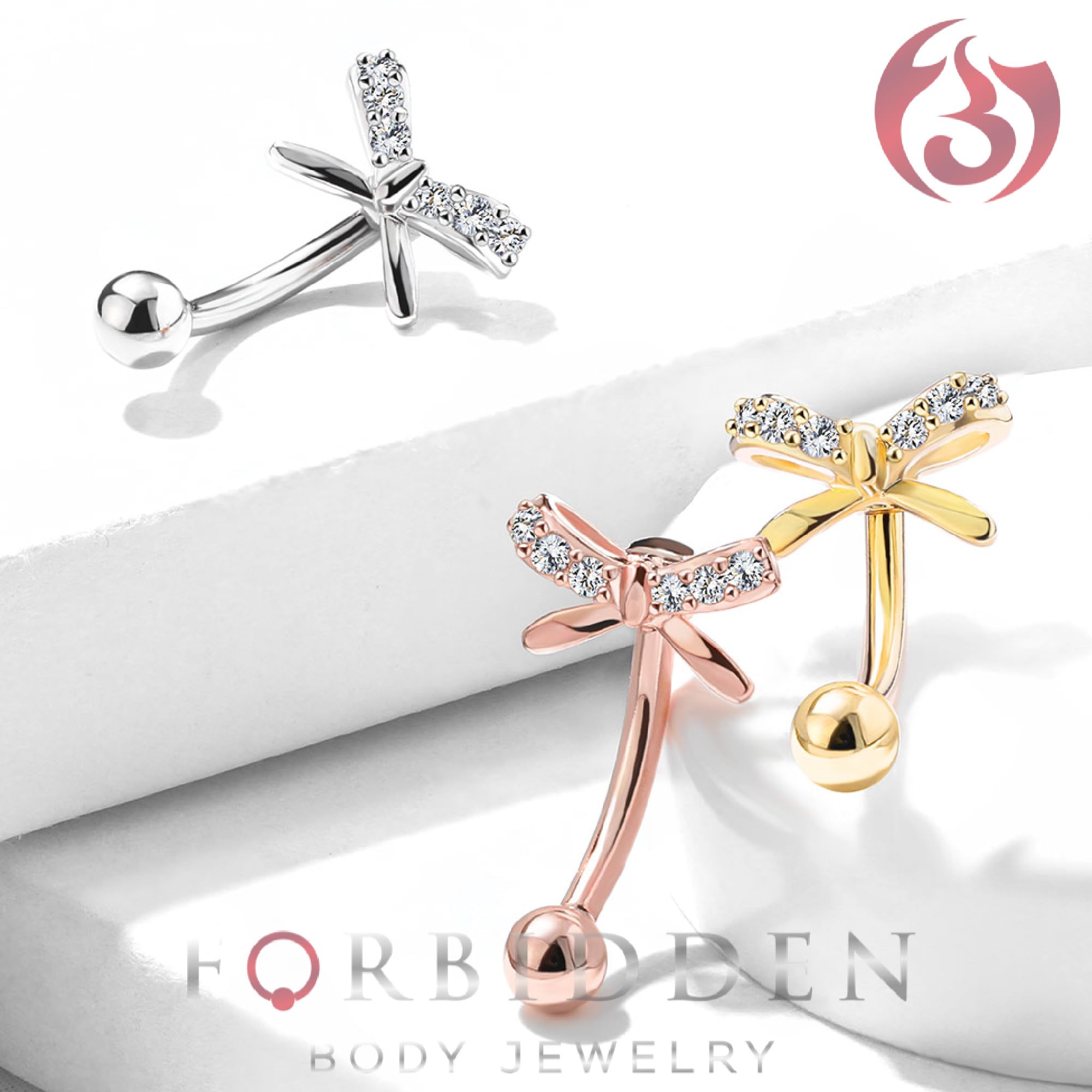 Forbidden Body Jewelry 16g 8mm Curved Barbell for Daith, Eyebrow, Rook & Belly Button with CZ Ribbon Tied Top, Clear/Gold Tone