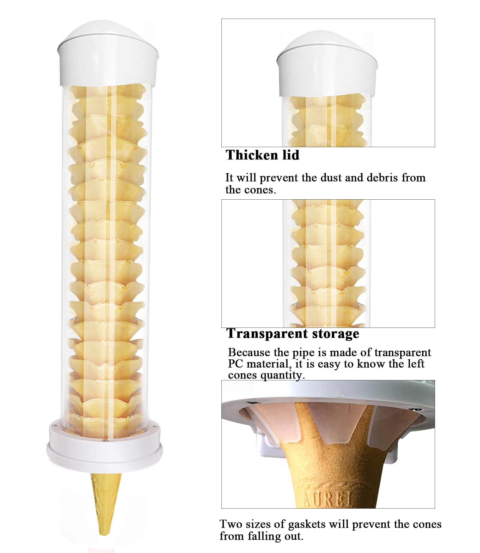 KUNHEWUHUA Ice Cream Cone Dispenser-16’’L x 3’’ Dia Plastic Tube with 1.6-2.6ins 2.4-3 ins gasket