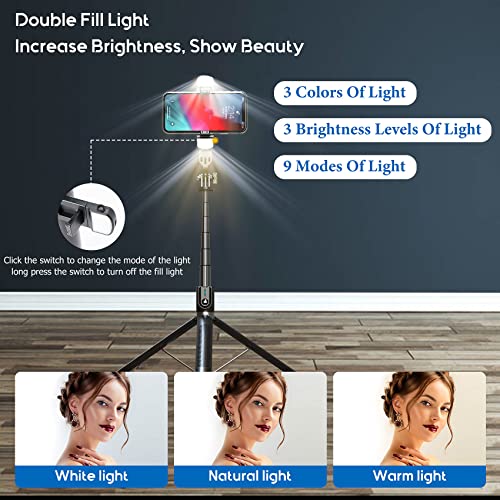 Selfie Stick Phone Tripod with Remote and LED Fill Lights - ASHINER 70 inch Heigh Cell Phone Holder for Travel, Vlogging, Live Streaming Video and Photos,Phone Stand Compatible with iPhone and Android