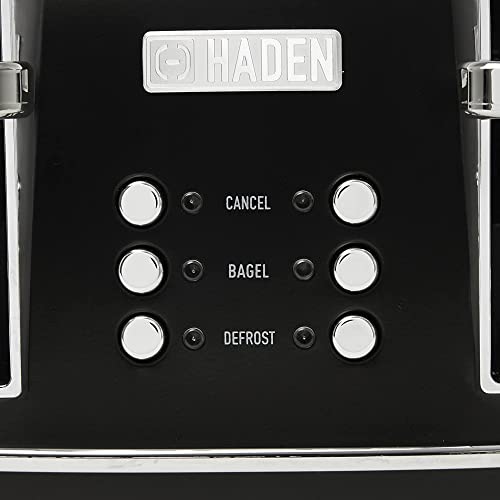 Haden Heritage 4-Slice Wide Slot Retro Toaster with Automatic Self-Center, Adjustable Settings, Reheat/Defrost, & Removable Crumb Tray, Black/Chrome