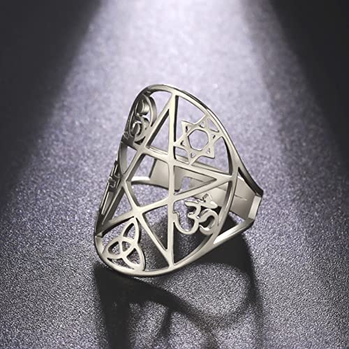 Hipee Adjustable Pentagram Ring Stainless Steel Star of David Ring (Penatgram-Silver, Adjustable)