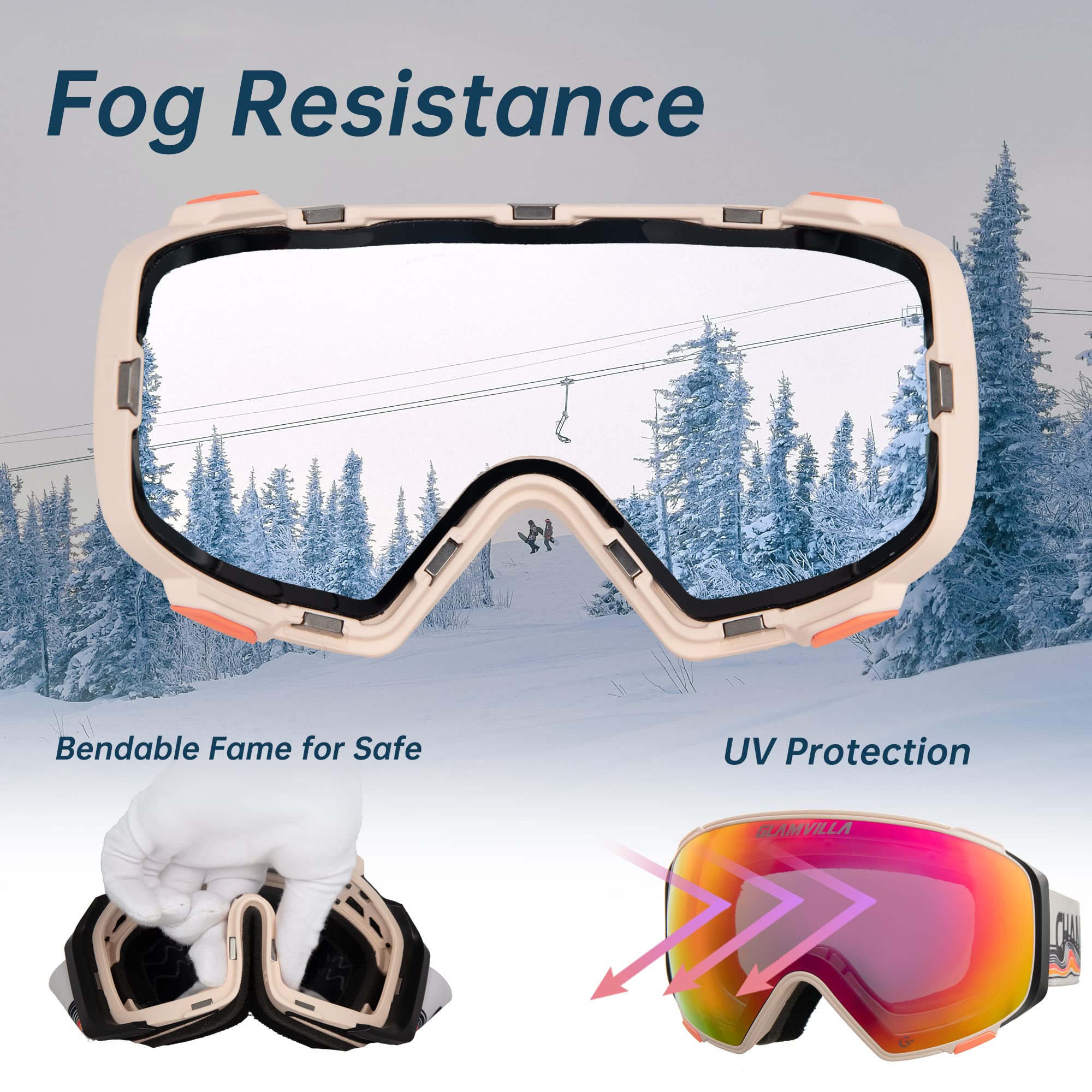 GLAMVILLA Ski Goggles Snow Goggles Snowboard Goggles for Women Man with 100% UV Protection (A5-Light Orange vlt18.9%)