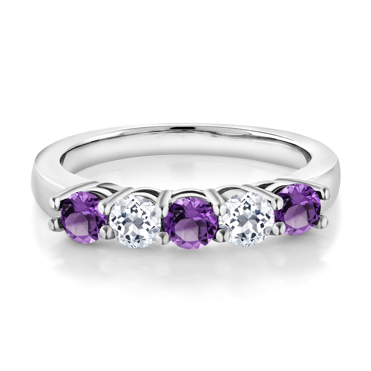 Gem Stone King 925 Sterling Silver Purple Amethyst and White Topaz 5-Stone Wedding Anniversary Band Ring For Women (0.91 Cttw, Gemstone February Birthstone, Available In Size 5, 6, 7, 8, 9)