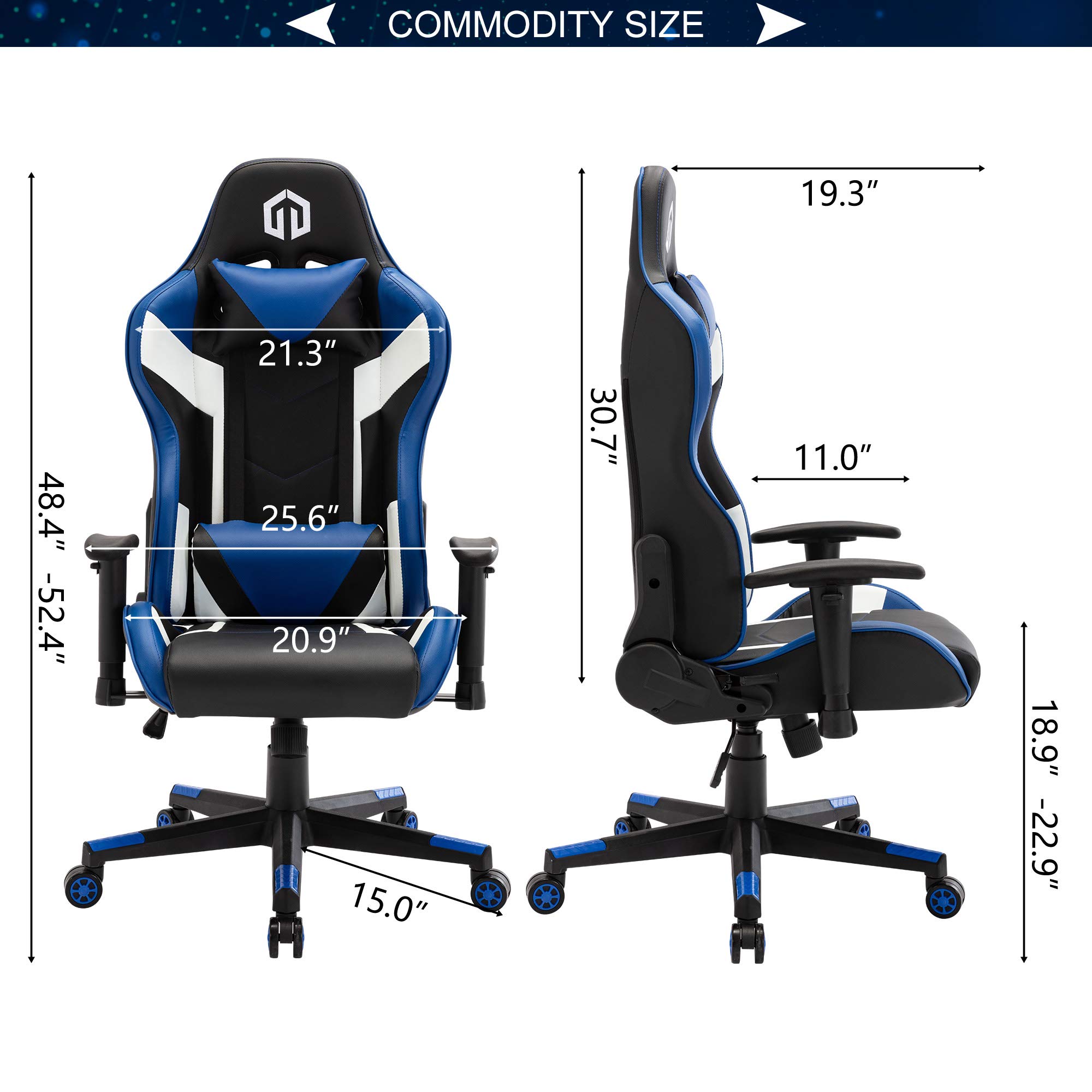 GOTMINSI Racing Gaming Chair, Adjustable High-Back Office Chair, Ergonomic Computer E-Sports Chair with PU Leather Headrest and Lumbar Support. (BK/Blue)