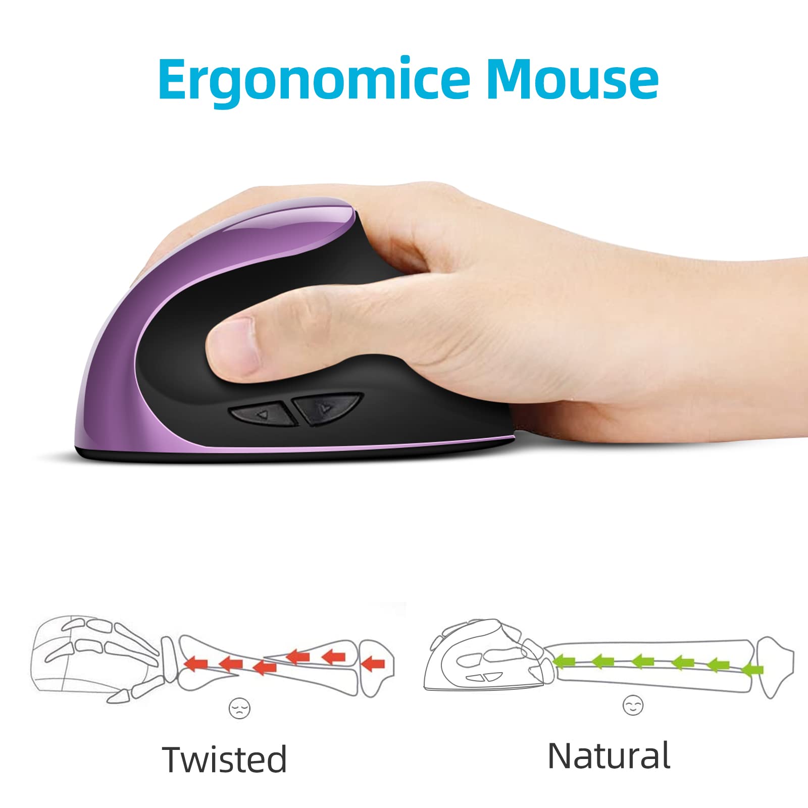 Woddlffy Ergonomic Mouse Wireless,Rechargeable Vertical Mouse Right Handed Small Mouse with 6 Buttons 1000/1200/1600 for Laptop,Desktop,PC, MacBook(Purple