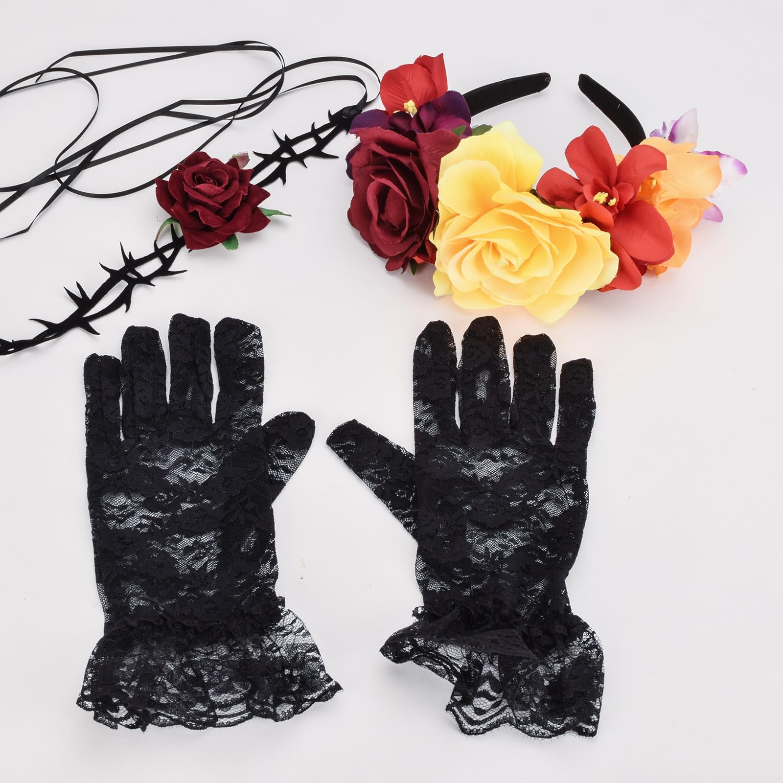 Funsveta Rose Flower Crown Headband Day of the Dead Headbands for Women Halloween Headpiece Party Cosplay Accessory Sets（Red and Yellow）