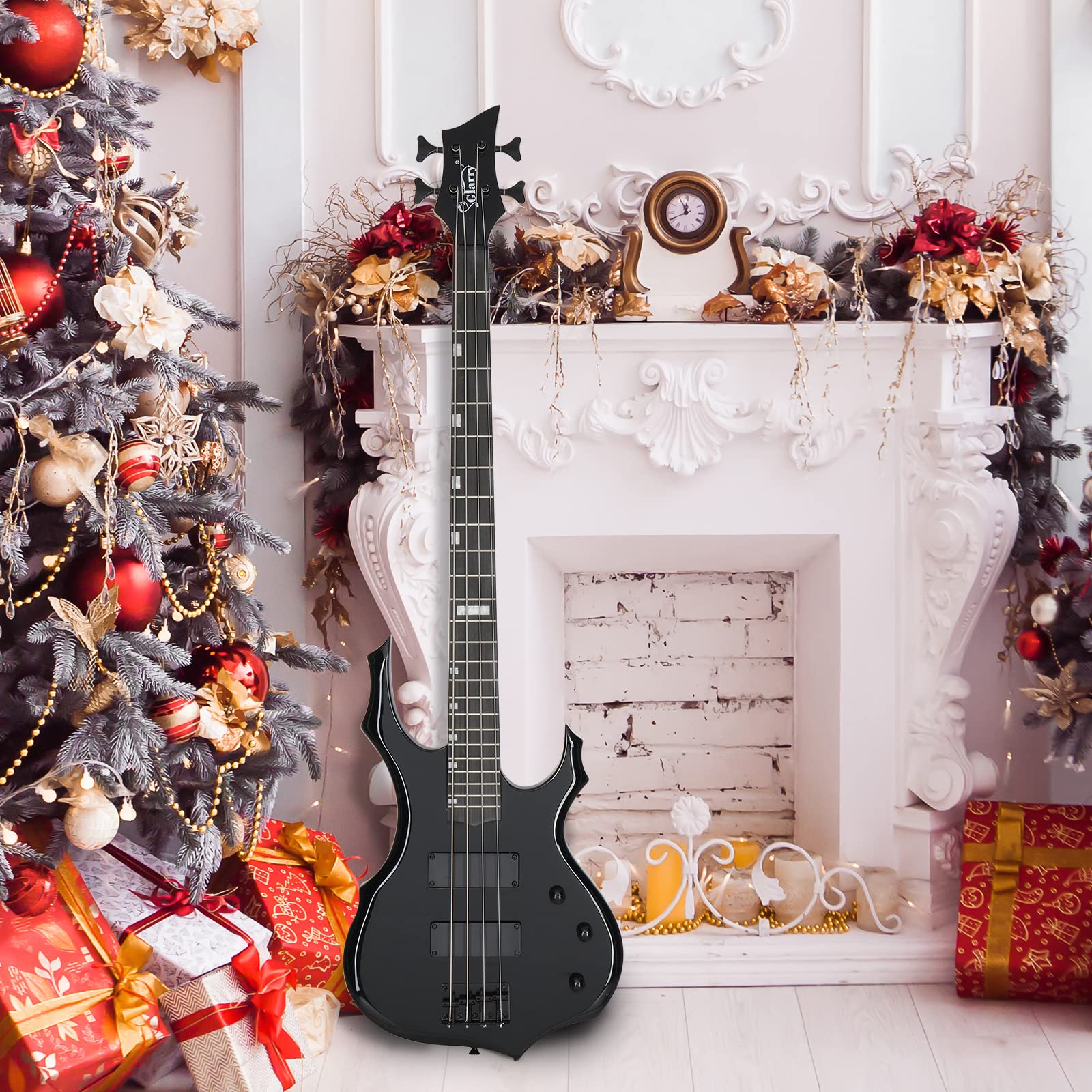 GLARRY Electric Bass Guitar 4 Strings Buring Fire Style HH Pickups for Beginner Adults Right Hand Amp Cable, Bag, Strap and Cord (Sunset)