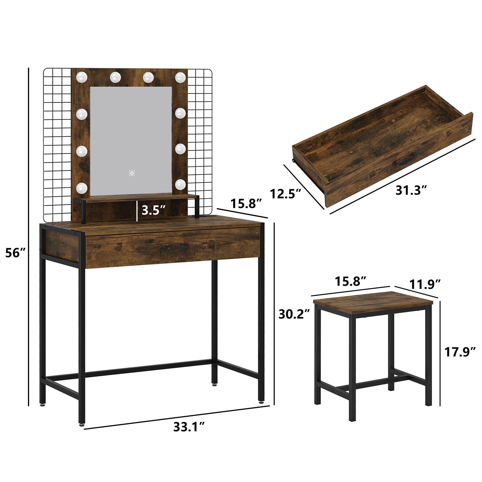 Furniouse 33" W Vanity Desk, Vanity Mirror with Lights and Table Set with Drawers, Vanity Set 3 Lighting Modes Brightness Adjustable for Bedroom Studio