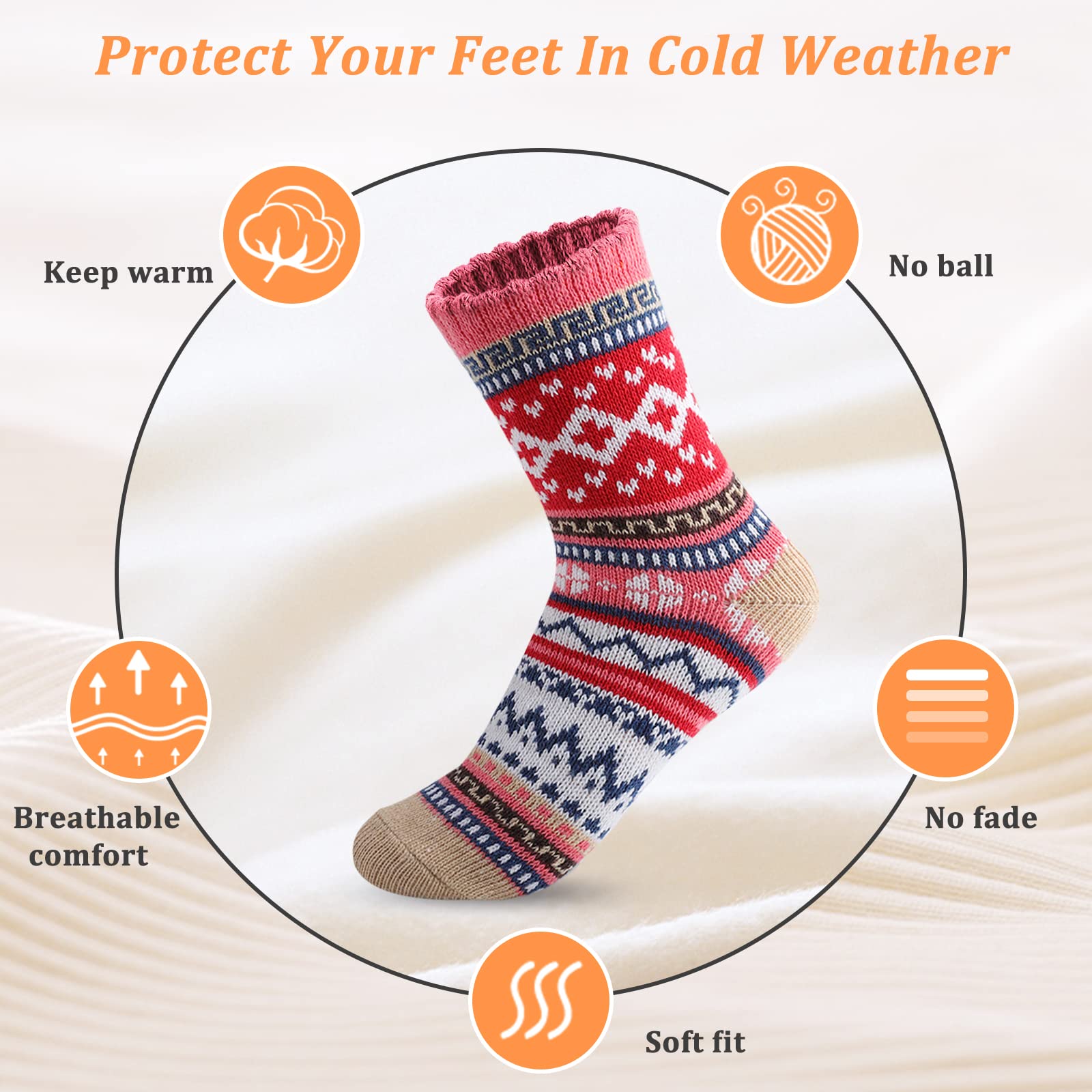 HiTauing 5 Pack Womens Wool Socks Winter Soft Warm Cold Knit Wool Crew Socks Thick Cozy Socks Gifts for Women One Size