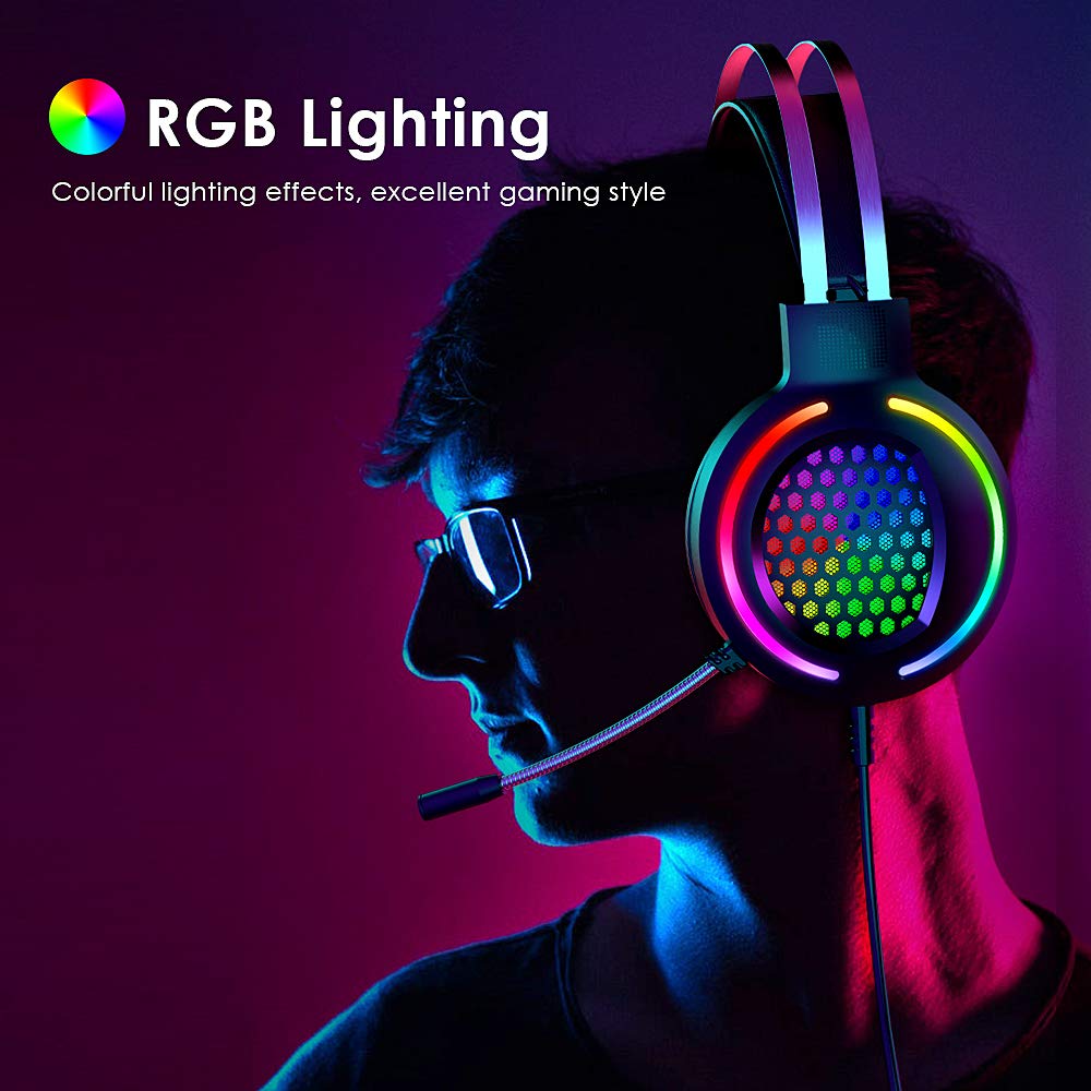 Gaming Headset,Rainbow LED Backlit, 3.5mm Stereo Surround with Microphone Compatible with Smart Phones, PC, PS4 and Other Gaming Devices, can Control Volume and Noise Reduction (Blue)