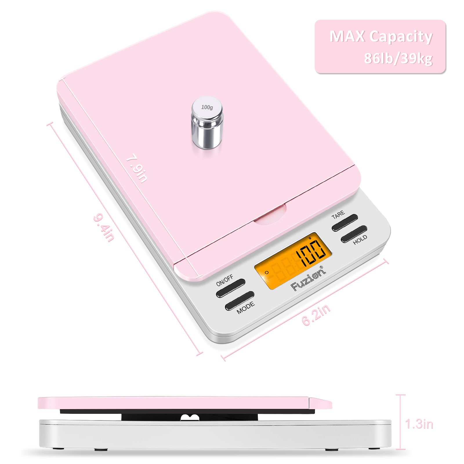 Fuzion Shipping Scale, Accurate Digital Postal Scale 86 lb/0.1 oz with Hold and Tare Function, LCD Display, Auto-Off, Postage Scale for Packages and Mailing, Battery & DC Adapter Included