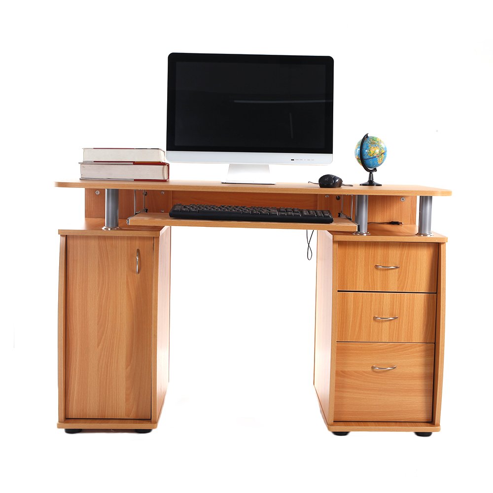 Goujxcy Computer Workstation Desk,Home Office Computer Desk with Storage Drawer and Pull-Out Keyboard Tray,Spacious Workstation Writing Study Table (Wood)