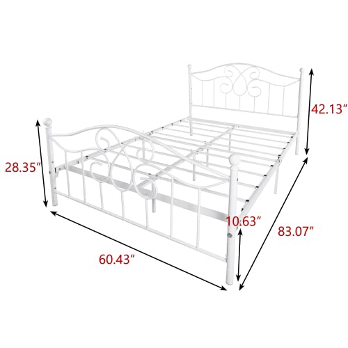 FUZOFUIZ Queen Metal Bed Frame,No Box Spring Needed with Vintage Headboard and Footboard Premium Steel Slat Support Mattress Foundation (White)