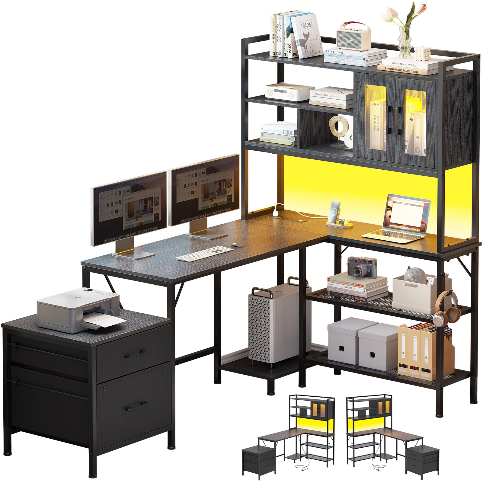 UPOSOJA L Shaped Gaming Desk with Hutch, Reversible Computer Desk with Drawers, Storage Shelves & Pegboard, Modern Home Office Desks with LED Lights & Power Outlet, Corner Desk Black