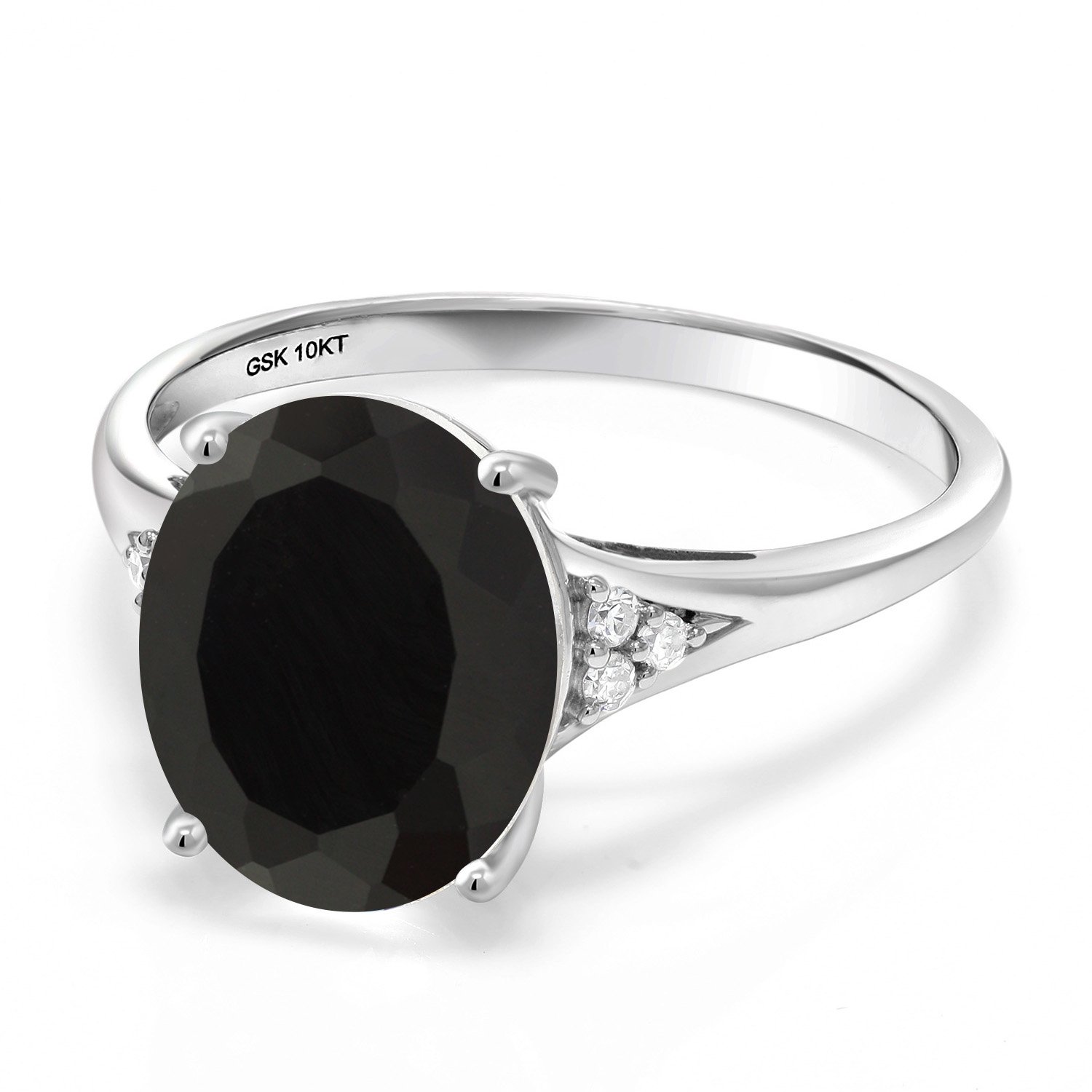 Gem Stone King 10K White Gold Black Onyx and White Diamond Engagement Ring For Women (3.07 Cttw Oval 11X9MM, Available in size 5, 6, 7, 8, 9)