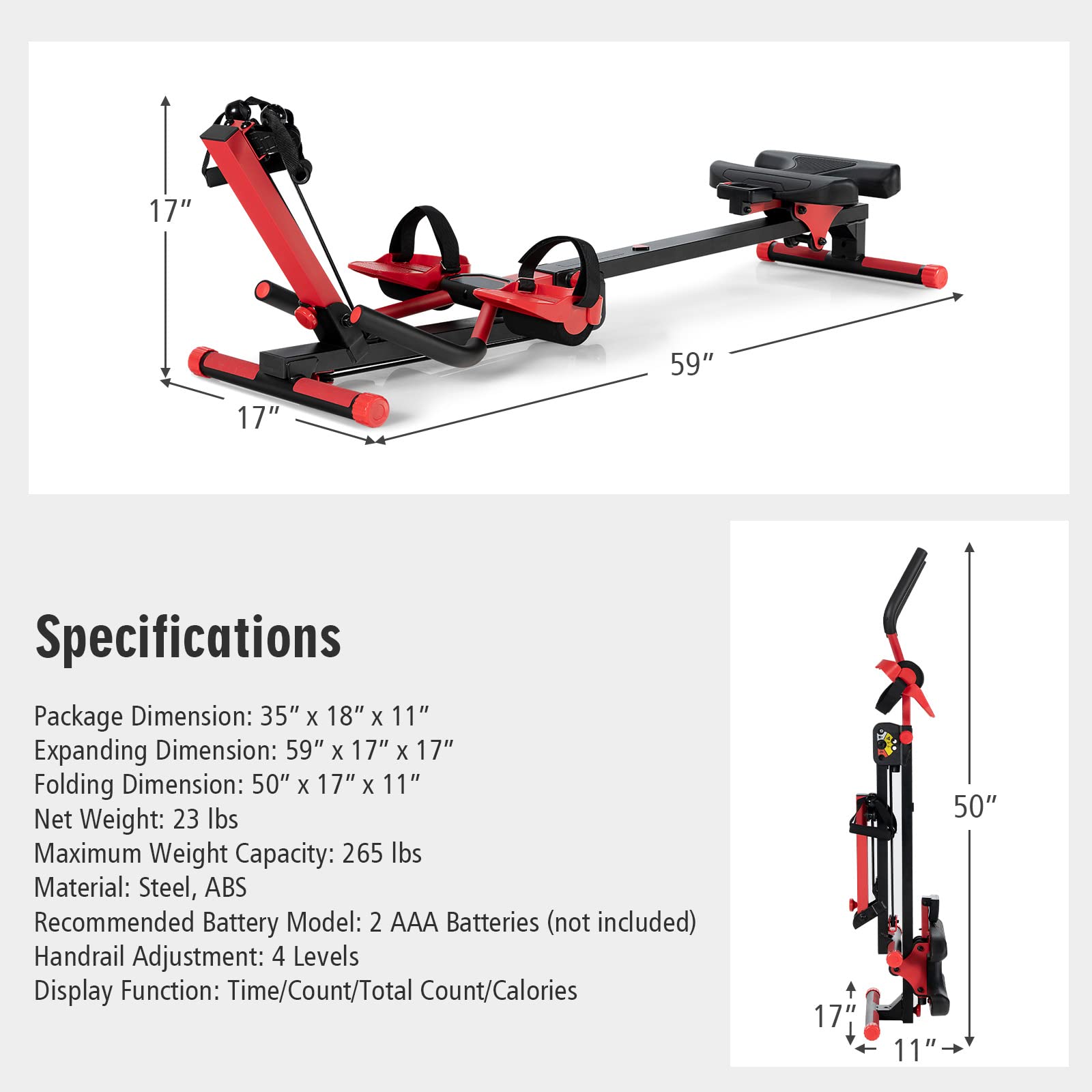 GYMAX 4 in 1 Rowing Machine, Adjustable Ab Machine with Resistance Bands, Multifunctional Rower Abdominal Fitness Equipment Whole Body Workout Machine for Home Gym