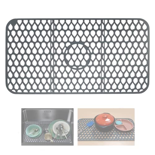Kitchen Sink Protector, SCITURE Non-slip Sink Protector with Cuttable Center, Foldable Farmhouse Sink Protector for Stainless Steel/Ceramic Sinks, Heat Resistant Sink Mat (1 PCS, Grey, 26"x 14")