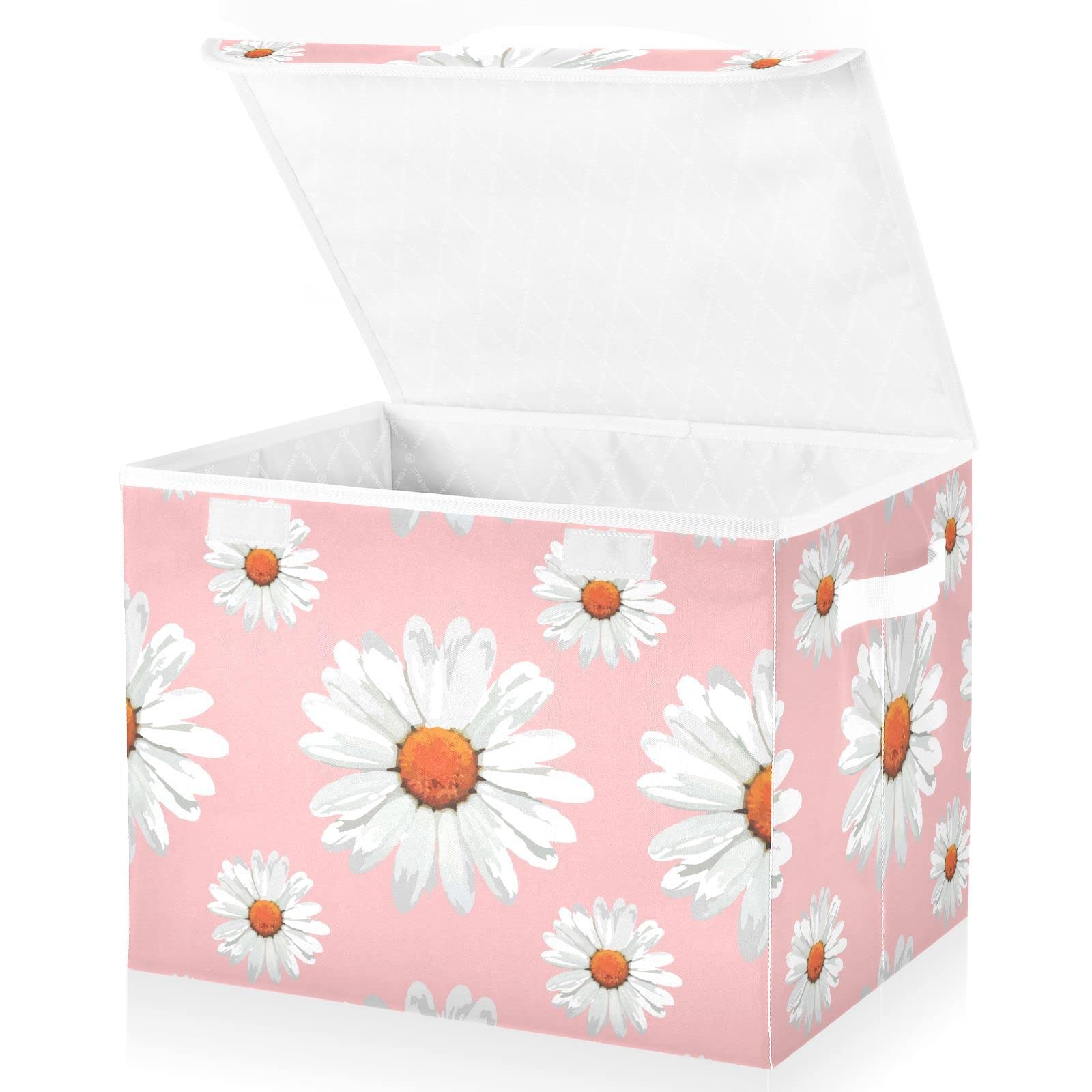GUIJI Chamomiles Pink Fabric Storage Bins with Lids and Handle,Foldable Storage Bins with Lids,Closet Organizers for Clothes Storage,Room Organization, Office Storage, Chest Organizer