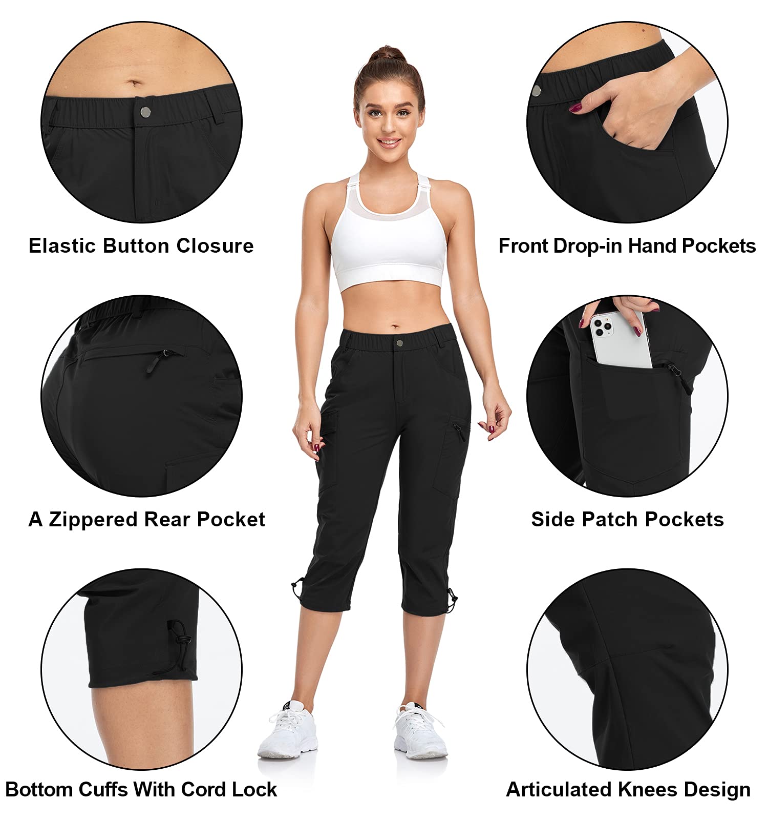 GymBrave Women's Hiking Cargo Pants Quick Dry Outdoor Camping Capris Water Resistant UPF 50 with Zipper Pockets Black