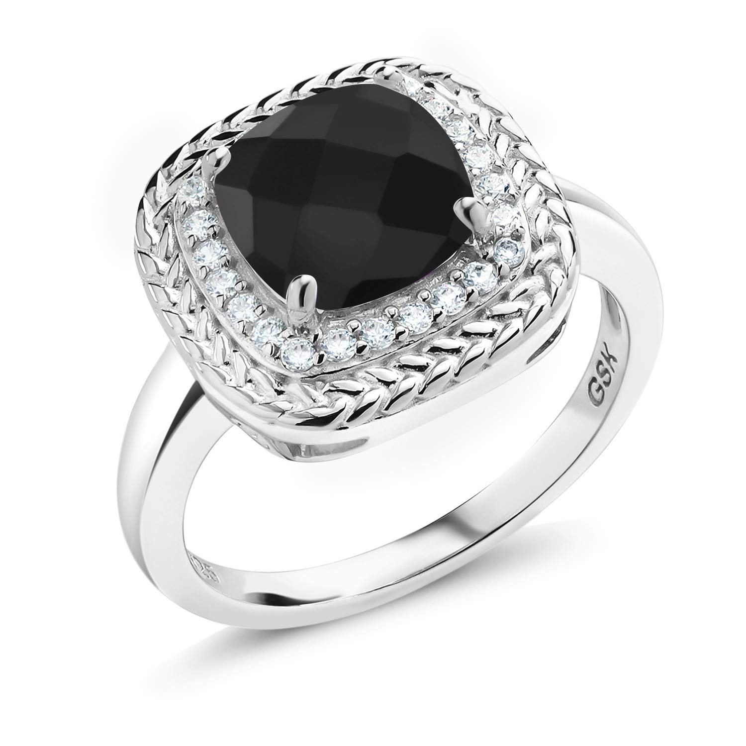 Gem Stone King 925 Sterling Silver Black Onyx Engagement Ring For Women (2.11 Cttw, Cushion Checkerboard Cut 8MM, Gemstone Birthstone, Available in Size 5,6,7,8,9)