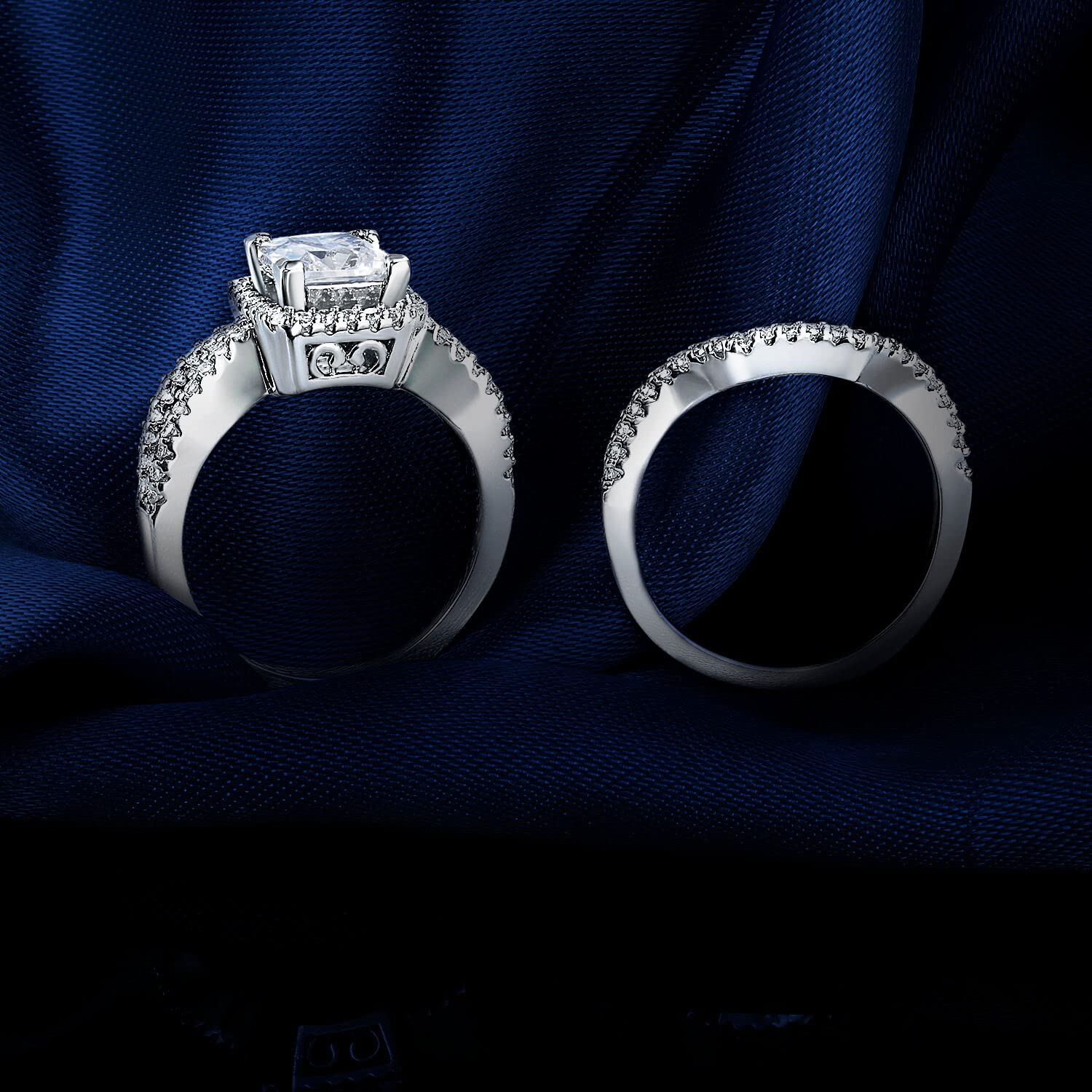 Gemsme 18K White Gold Plated Two-in-One Wedding Engagement Eternity Rings Cubic Zirconia Bridal Rings Set 9