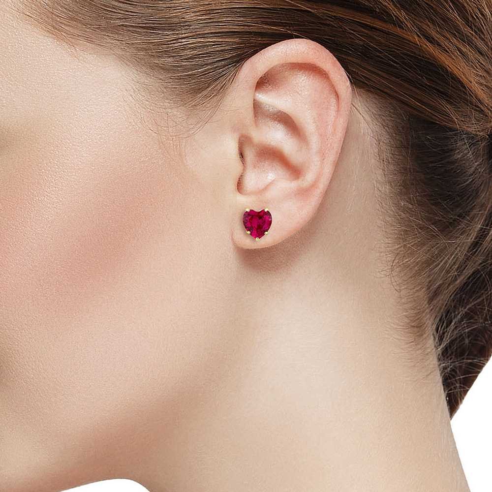 Gem Stone King 10K Yellow Gold Red Created Ruby Stud Earrings For Women (1.92 Cttw, Heart Shape 6MM)